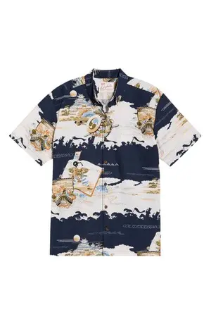 KAHALA Hajime Print Short Sleeve Cotton Button-down Shirt