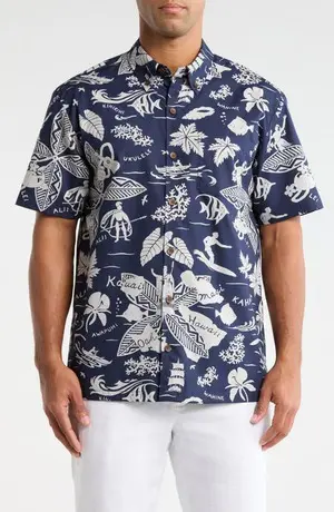 KAHALA E Kipa Mai Print Cotton Short Sleeve Button-down Shirt - Navy