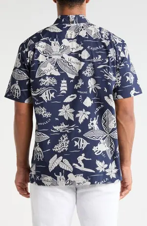 KAHALA E Kipa Mai Print Cotton Short Sleeve Button-down Shirt - Navy