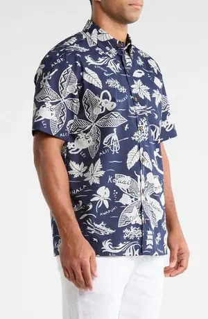 KAHALA E Kipa Mai Print Cotton Short Sleeve Button-down Shirt - Navy