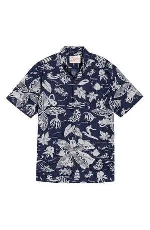 KAHALA E Kipa Mai Print Cotton Short Sleeve Button-down Shirt - Navy