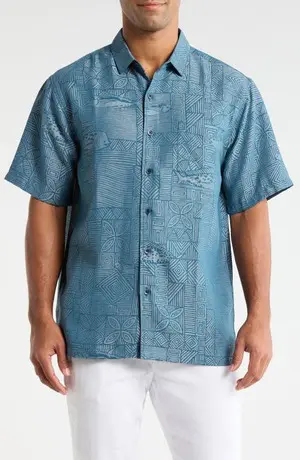 KAHALA Kapakahi Jacquard Short Sleeve Button-up Shirt - Slate