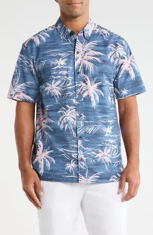 KAHALA He'e Nalu Print Short Sleeve Cotton Button-down Shirt - Denim Blue