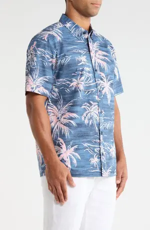 KAHALA He'e Nalu Print Short Sleeve Cotton Button-down Shirt - Denim Blue