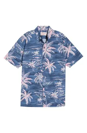 KAHALA He'e Nalu Print Short Sleeve Cotton Button-down Shirt - Denim Blue