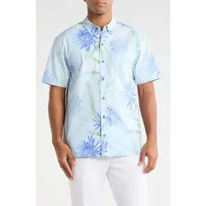 KAHALA Night Shades Print Cotton Short Sleeve Button-down Shirt - Silver Blue