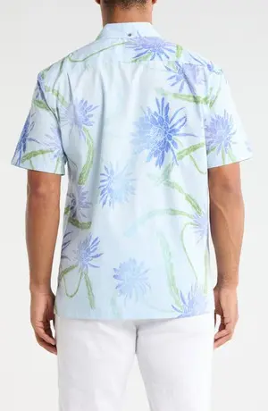 KAHALA Night Shades Print Cotton Short Sleeve Button-down Shirt - Silver Blue