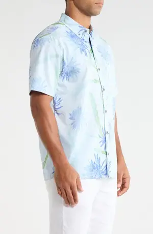 KAHALA Night Shades Print Cotton Short Sleeve Button-down Shirt - Silver Blue