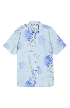 KAHALA Night Shades Print Cotton Short Sleeve Button-down Shirt - Silver Blue