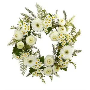 NEARLY NATURAL 24-in Mixed Daisies And Ranunculus Wreath - White