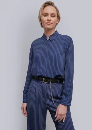 WILDFANG The Empower Long Sleeve Button-up - Pinstripe Navy/oat