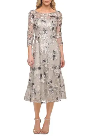 La Femme Embroidered Lace Fit & Flare Dress - Silver
