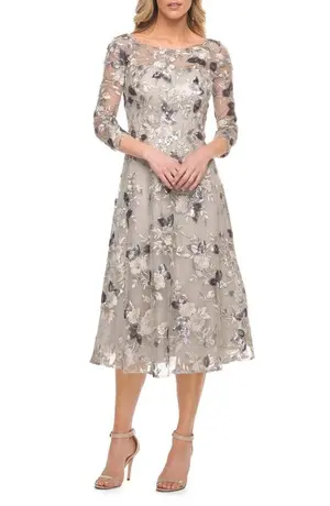 La Femme Embroidered Lace Fit & Flare Dress