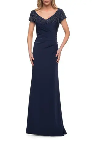 La Femme Crystal Embellished Cap Sleeve Jersey Sheath Gown - Navy