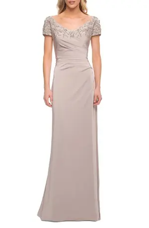 La Femme Crystal Embellished Cap Sleeve Jersey Sheath Gown - Silver