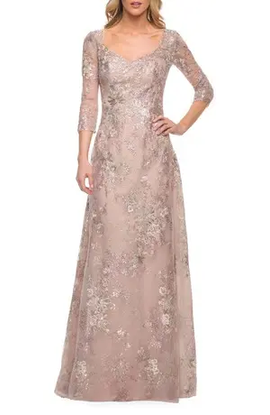 La Femme Floral Embroidered Mesh A-line Gown - Mauve
