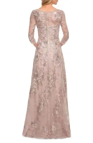 La Femme Floral Embroidered Mesh A-line Gown