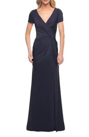 La Femme V-neck Gathered Waist Evening Gown