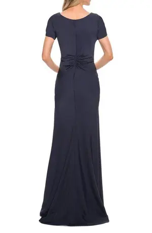 La Femme V-neck Gathered Waist Evening Gown