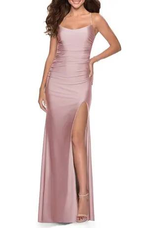 La Femme Tie Back Satin Gown - Mauve