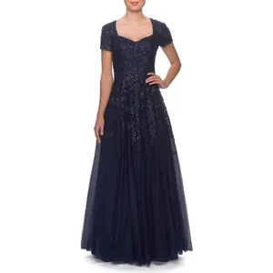 La Femme Embellished Tulle A-line Gown - Navy