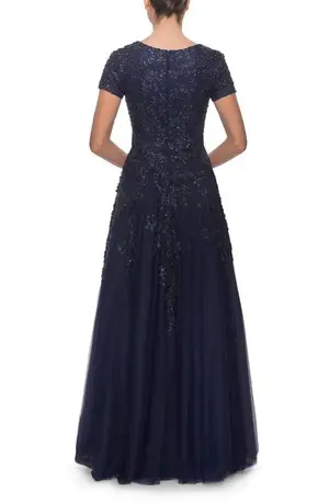 La Femme Embellished Tulle A-line Gown - Navy