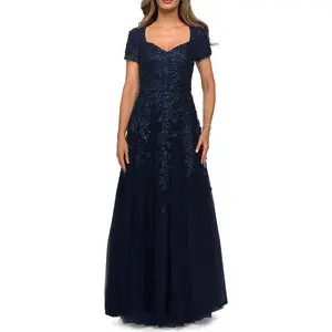 La Femme Embellished Tulle A-line Gown - Navy