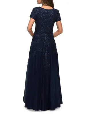 La Femme Embellished Tulle A-line Gown - Navy