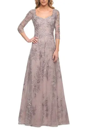La Femme Floral Embroidered Mesh A-line Gown - Silver/pink