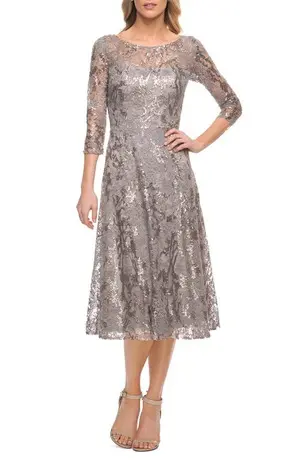 La Femme Lace Sequined Cocktail Dress - Silver