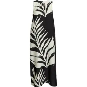 MELLODAY Palm Print Sleeveless Shift Midi Dress - Black Bone Leaf