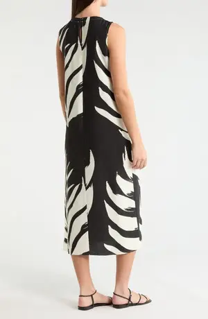 MELLODAY Palm Print Sleeveless Midi Dress - Black Bone Leaf