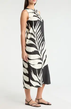 MELLODAY Palm Print Sleeveless Midi Dress - Black Bone Leaf