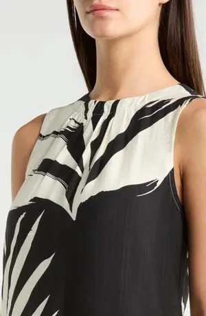 MELLODAY Palm Print Sleeveless Midi Dress - Black Bone Leaf