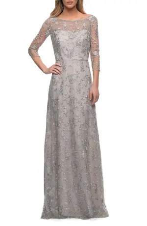 La Femme Embroidered A-line Gown - Pearl Silver