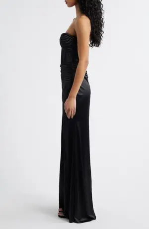 EMERALD SUNDAE Ruched Corset Strapless Gown - Black