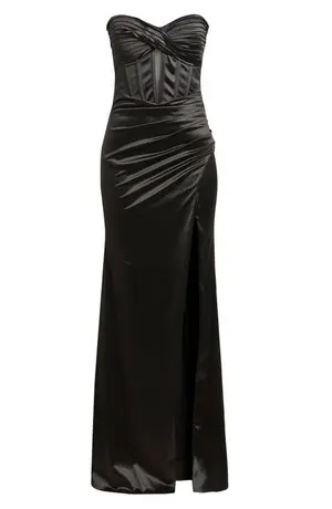 EMERALD SUNDAE Ruched Corset Strapless Gown - Black