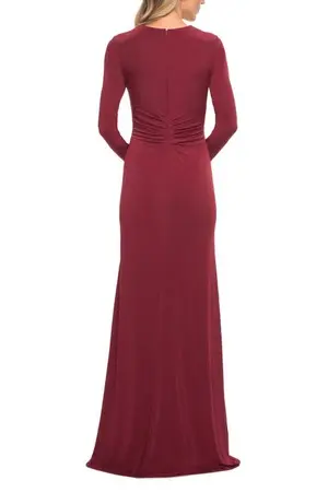 La Femme Long Sleeve Ruched Jersey Sheath Gown