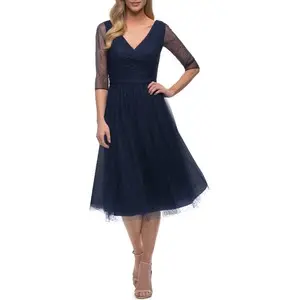 La Femme Beaded Tulle Cocktail Dress - Navy