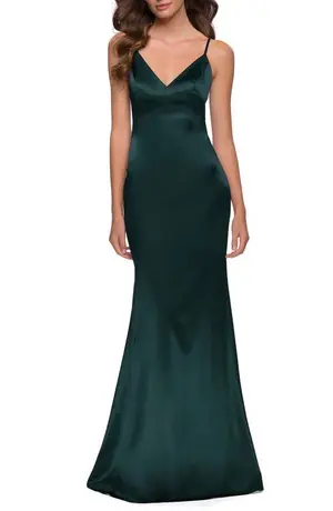 La Femme Stretch Satin Trumpet Gown - Dark Emerald