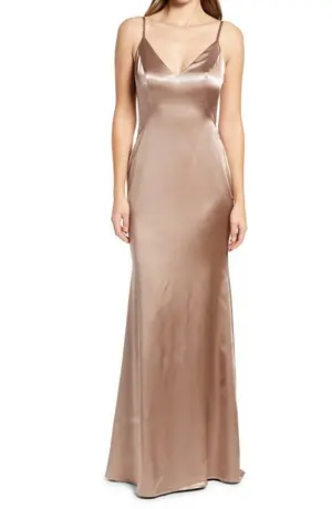La Femme Stretch Satin Trumpet Gown - Nude