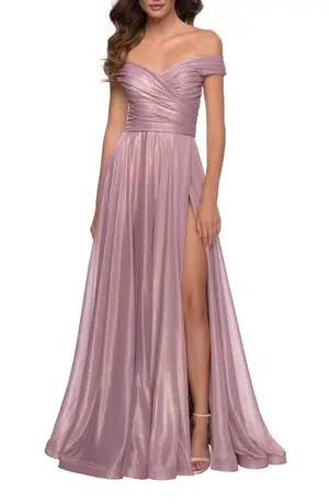 LABOMME Metallic Chiffon Gown With Off The Shoulder Top - Pink Metallic