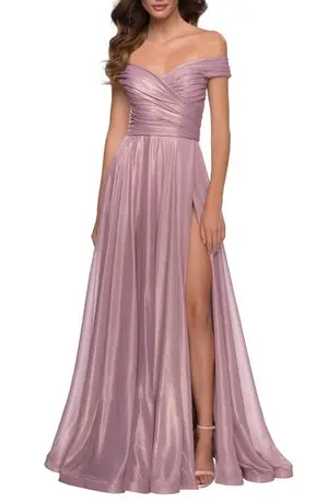 La Femme Off-the-shoulder Chiffon Gown With Slit