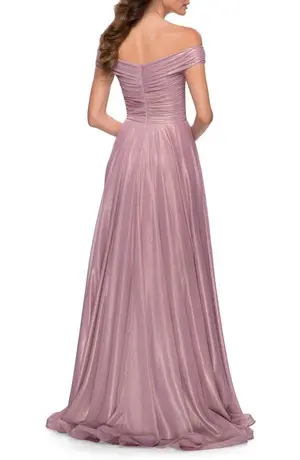 La Femme Off-the-shoulder Chiffon Gown With Slit