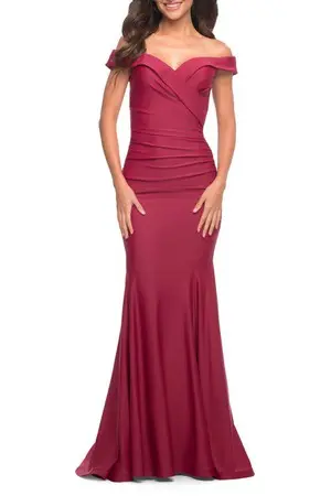 La Femme Off-the-shoulder Evening Dress With Ruching