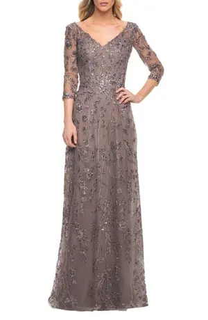 La Femme Beaded Lace Gown - Gunmetal