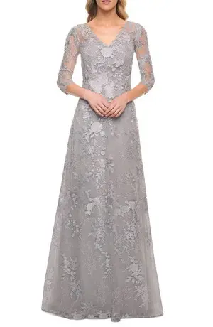 La Femme Floral Embroidered A-line Gown - Silver