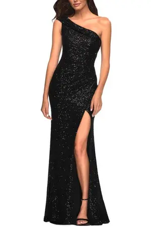 La Femme One-shoulder Sequin Gown With Slit - Black