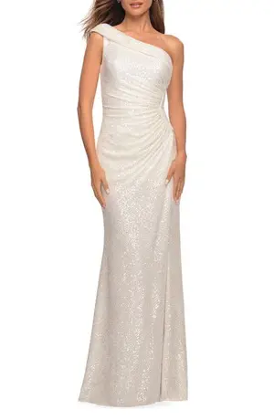 La Femme One-shoulder Sequin Gown With Slit - White