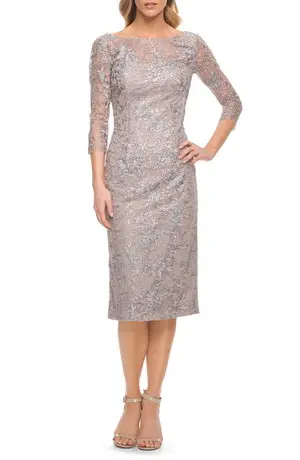 La Femme Metallic Lace Sheath Dress - Silver/mauve